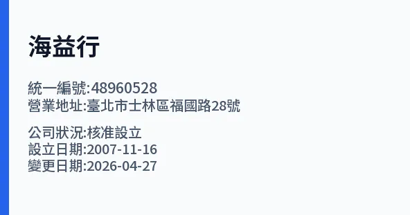 海益行的照片-統編 48960528(臺北市) 公司登記資料與營業項目詳細圖表
