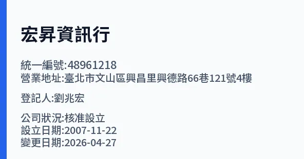 宏昇資訊行的照片-統編 48961218(臺北市) 公司登記資料與營業項目詳細圖表