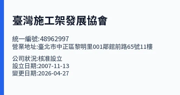 臺灣施工架發展協會的照片-統編 48962997(臺北市) 公司登記資料與營業項目詳細圖表
