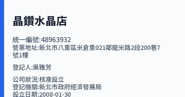 晶鑽水晶店的照片-統編 48963932(新北市) 公司登記資料與營業項目詳細圖表