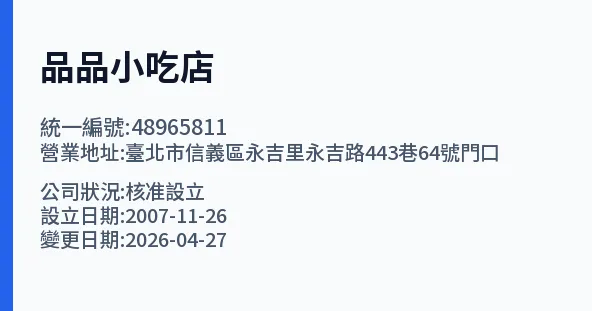 品品小吃店的照片-統編 48965811(臺北市) 公司登記資料與營業項目詳細圖表