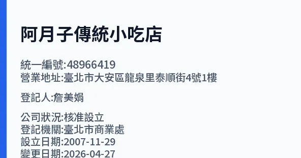 阿月子傳統小吃店的照片-統編 48966419(臺北市) 公司登記資料與營業項目詳細圖表