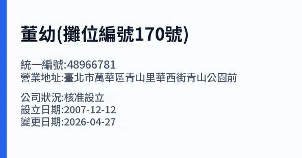 董幼(攤位編號170號)的照片-統編 48966781(臺北市) 公司登記資料與營業項目詳細圖表