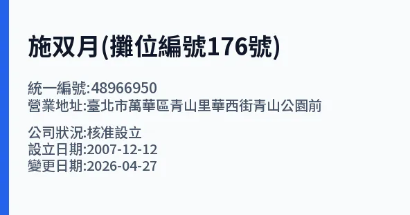 施双月(攤位編號176號)的照片-統編 48966950(臺北市) 公司登記資料與營業項目詳細圖表
