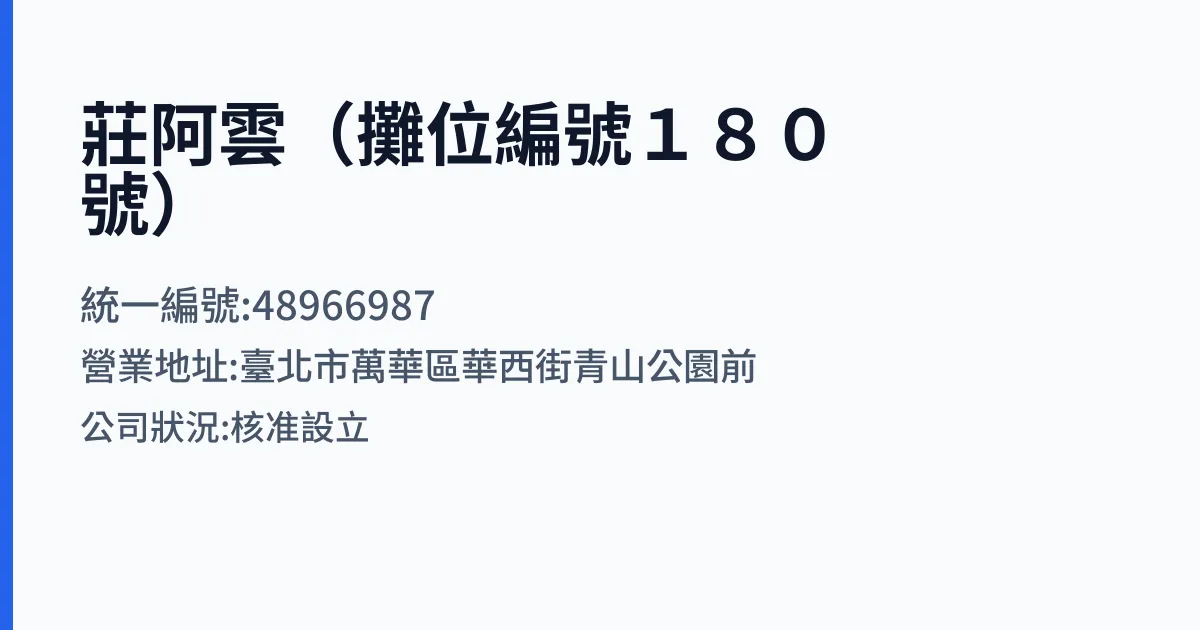 莊阿雲(攤位編號180號) - 統編 48966987(臺北市) 公司登記資料與營業項目詳細圖表