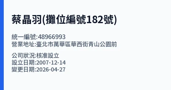 蔡晶羽(攤位編號182號)的照片-統編 48966993(臺北市) 公司登記資料與營業項目詳細圖表