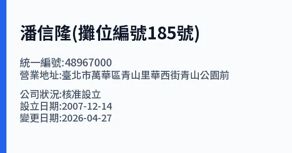 潘信隆(攤位編號185號)的照片-統編 48967000(臺北市) 公司登記資料與營業項目詳細圖表