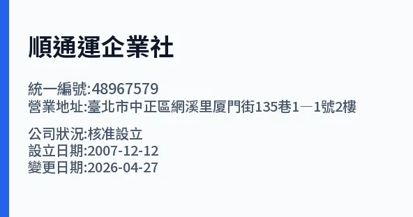 順通運企業社的照片-統編 48967579(臺北市) 公司登記資料與營業項目詳細圖表