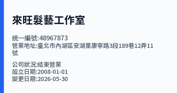 來旺髮藝工作室的照片-統編 48967873(臺北市) 公司登記資料與營業項目詳細圖表