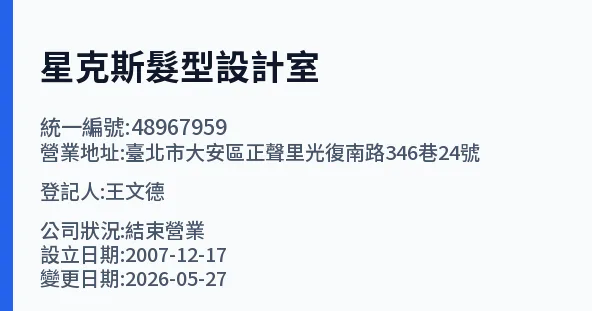 星克斯髮型設計室的照片-統編 48967959(臺北市) 公司登記資料與營業項目詳細圖表