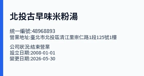 北投古早味米粉湯的照片-統編 48968893(臺北市) 公司登記資料與營業項目詳細圖表