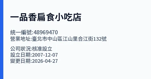 一品香扁食小吃店的照片-統編 48969470(臺北市) 公司登記資料與營業項目詳細圖表