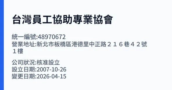 台灣員工協助專業協會的照片-統編 48970672(新北市) 公司登記資料與營業項目詳細圖表