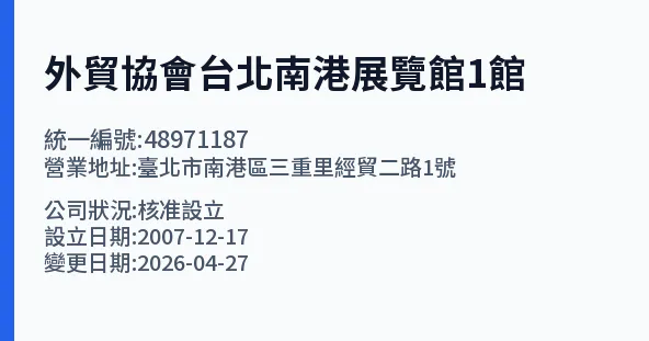 外貿協會台北南港展覽館1館的照片-統編 48971187(臺北市) 公司登記資料與營業項目詳細圖表