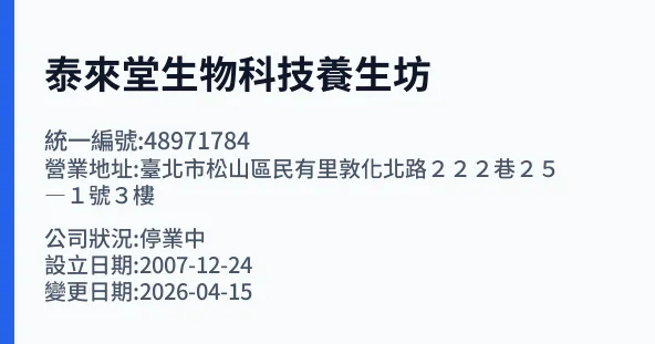 泰來堂生物科技養生坊的照片-統編 48971784(臺北市) 公司登記資料與營業項目詳細圖表