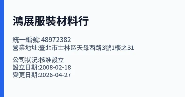 鴻展服裝材料行的照片-統編 48972382(臺北市) 公司登記資料與營業項目詳細圖表