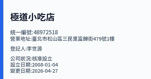 極道小吃店的照片-統編 48972518(臺北市) 公司登記資料與營業項目詳細圖表