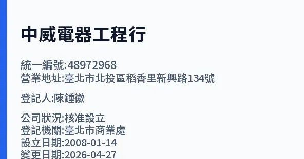 中威電器工程行的照片-統編 48972968(臺北市) 公司登記資料與營業項目詳細圖表