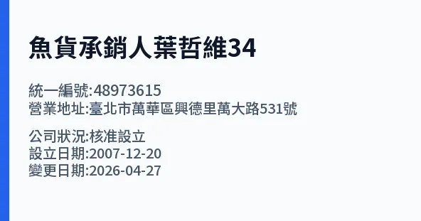 魚貨承銷人葉哲維34的照片-統編 48973615(臺北市) 公司登記資料與營業項目詳細圖表
