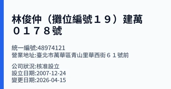 林俊仲（攤位編號１９）建萬０１７８號的照片-統編 48974121(臺北市) 公司登記資料與營業項目詳細圖表