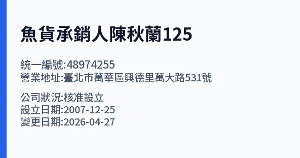魚貨承銷人陳秋蘭125的照片-統編 48974255(臺北市) 公司登記資料與營業項目詳細圖表