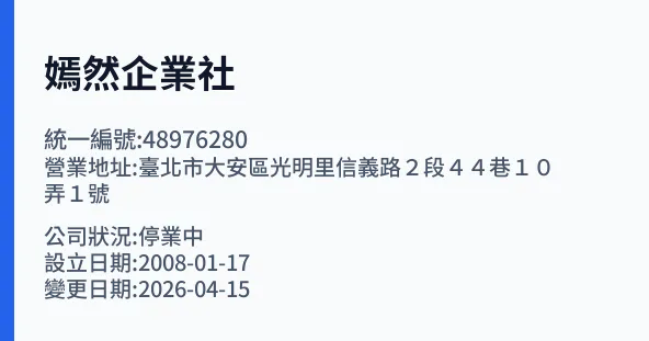 嫣然企業社的照片-統編 48976280(臺北市) 公司登記資料與營業項目詳細圖表