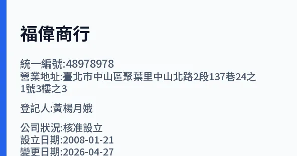 福偉商行的照片-統編 48978978(臺北市) 公司登記資料與營業項目詳細圖表