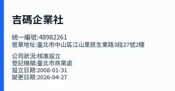 吉碼企業社的照片-統編 48982261(臺北市) 公司登記資料與營業項目詳細圖表