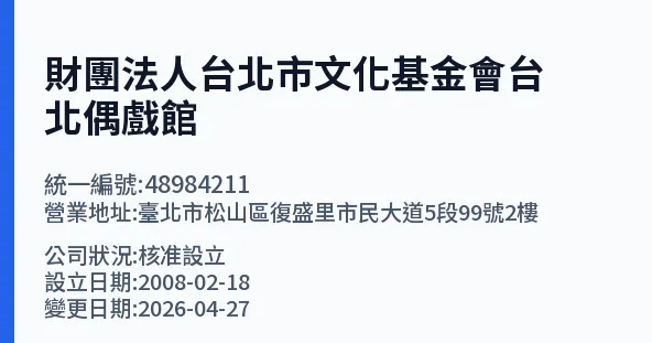 財團法人台北市文化基金會台北偶戲館的照片-統編 48984211(臺北市) 公司登記資料與營業項目詳細圖表