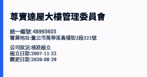 尊寶達屋大樓管理委員會的照片-統編 48993605 公司登記資料與營業項目詳細圖表