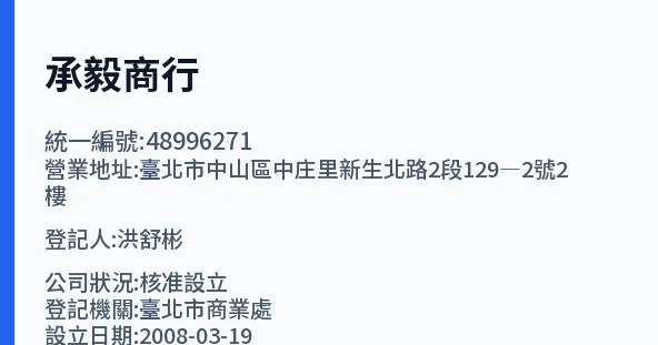 承毅商行的照片-統編 48996271(臺北市) 公司登記資料與營業項目詳細圖表