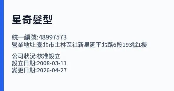星奇髮型的照片-統編 48997573(臺北市) 公司登記資料與營業項目詳細圖表