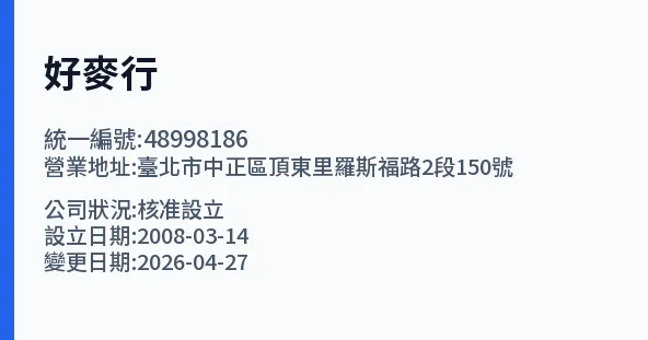 好麥行的照片-統編 48998186(臺北市) 公司登記資料與營業項目詳細圖表