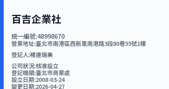百吉企業社的照片-統編 48998670(臺北市) 公司登記資料與營業項目詳細圖表
