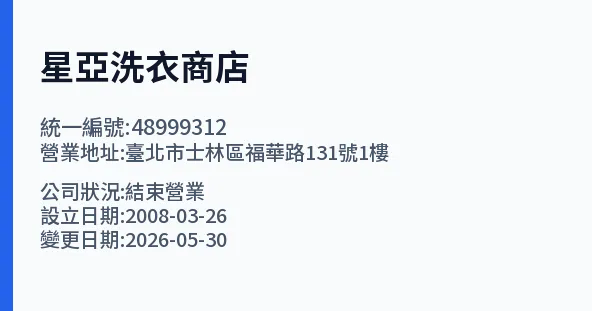 星亞洗衣商店的照片-統編 48999312(臺北市) 公司登記資料與營業項目詳細圖表