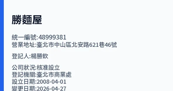 勝麵屋的照片-統編 48999381(臺北市) 公司登記資料與營業項目詳細圖表