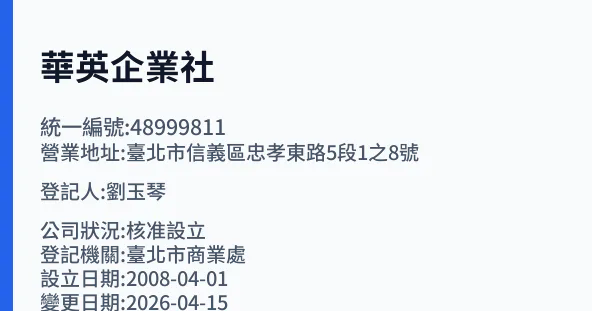 華英企業社的照片-統編 48999811(臺北市) 公司登記資料與營業項目詳細圖表