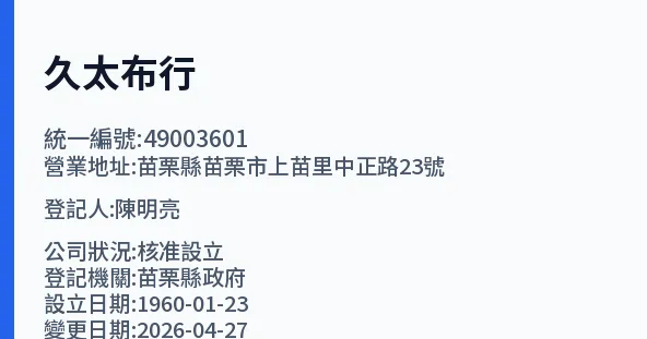 久太布行的照片-統編 49003601(苗栗縣) 公司登記資料與營業項目詳細圖表