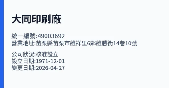 大同印刷廠的照片-統編 49003692(苗栗縣) 公司登記資料與營業項目詳細圖表
