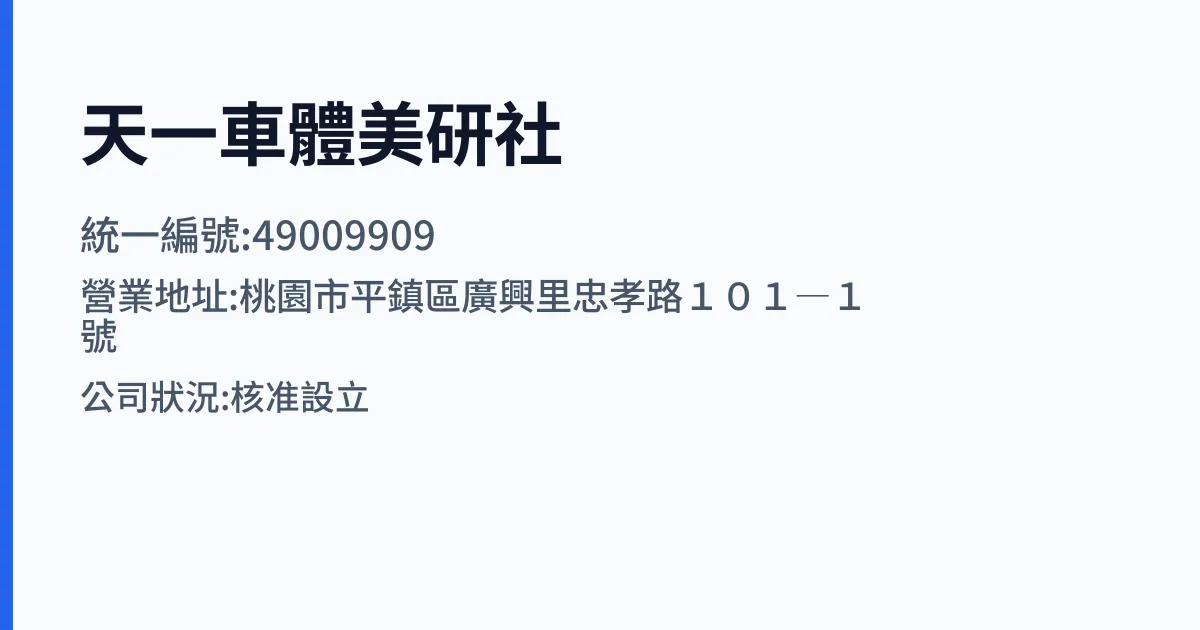 天一車體美研社 - 統編 49009909(桃園市) 公司登記資料與營業項目詳細圖表