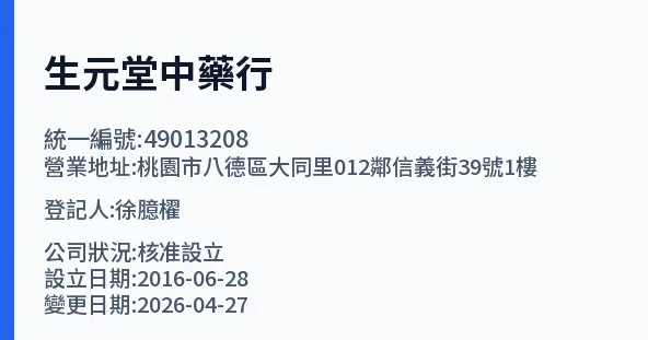 生元堂中藥行的照片-統編 49013208(桃園市) 公司登記資料與營業項目詳細圖表