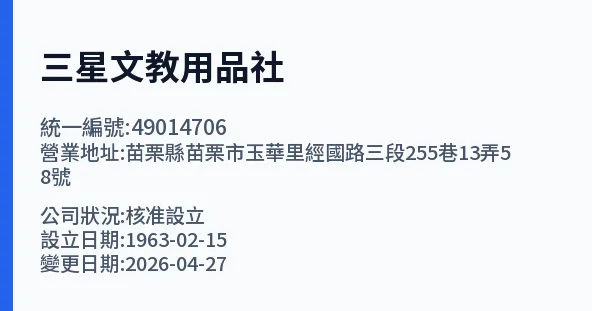 三星文教用品社的照片-統編 49014706(苗栗縣) 公司登記資料與營業項目詳細圖表