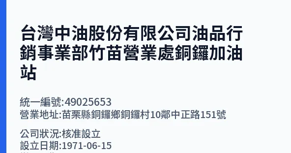 台灣中油股份有限公司油品行銷事業部竹苗營業處銅鑼加油站的照片-統編 49025653(苗栗縣) 公司登記資料與營業項目詳細圖表