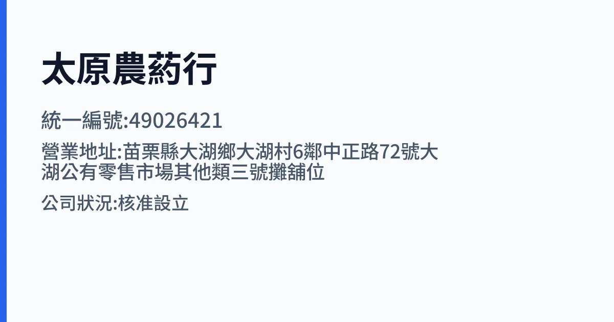 太原農葯行 - 統編 49026421(苗栗縣) 公司登記資料與營業項目詳細圖表