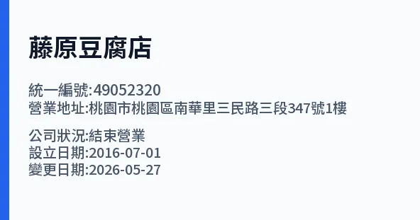 藤原豆腐店的照片-統編 49052320(桃園市) 公司登記資料與營業項目詳細圖表