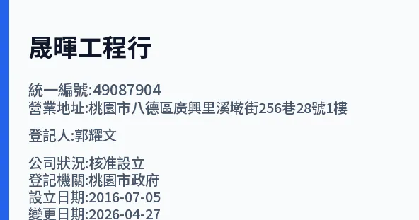 晟暉工程行的照片-統編 49087904(桃園市) 公司登記資料與營業項目詳細圖表
