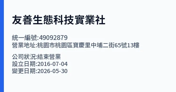 友善生態科技實業社的照片-統編 49092879(桃園市) 公司登記資料與營業項目詳細圖表