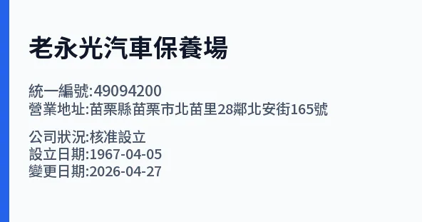 老永光汽車保養場的照片-統編 49094200(苗栗縣) 公司登記資料與營業項目詳細圖表