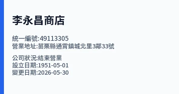 李永昌商店的照片-統編 49113305(苗栗縣) 公司登記資料與營業項目詳細圖表