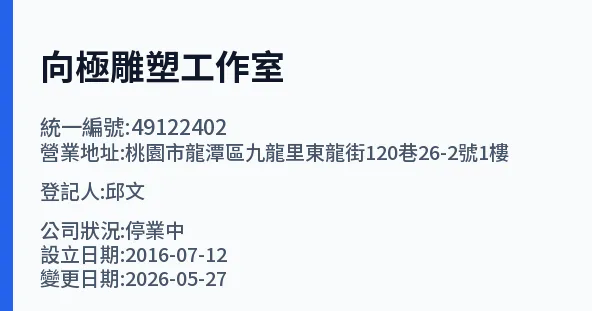 向極雕塑工作室的照片-統編 49122402(桃園市) 公司登記資料與營業項目詳細圖表